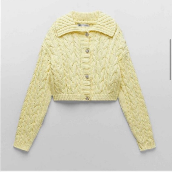 Zara | Sweaters | Zara Yellow Cableknit Cardigan Sweater Jewel ...